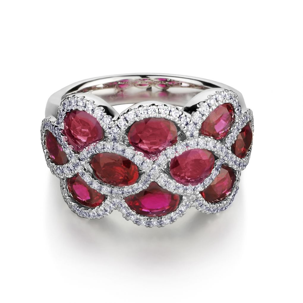 18KT White Gold Oval-Shaped Ruby And Diamond Wide Band – Van Rijk