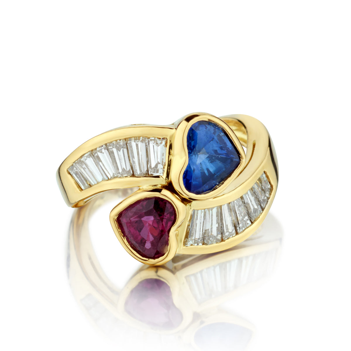 18kt Yellow Gold Heart Ruby, Blue Sapphire and Diamond Ring. – Van Rijk