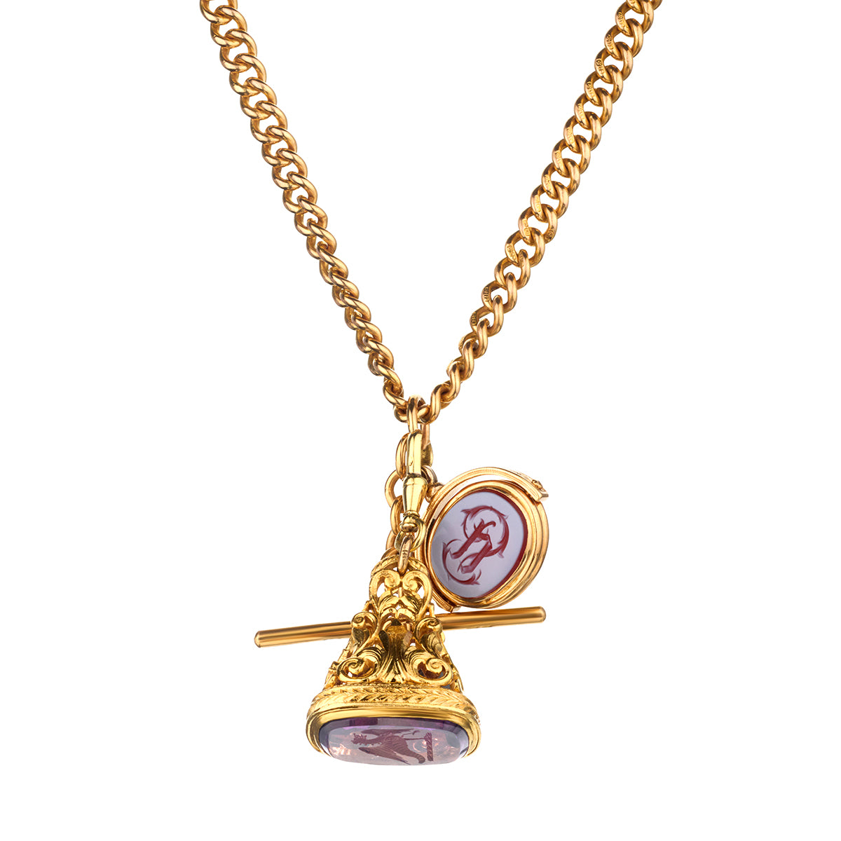 Vintage 18kt Yellow Gold Fob Chain with T-Bar and Stone Fobs.Circa 177 ...