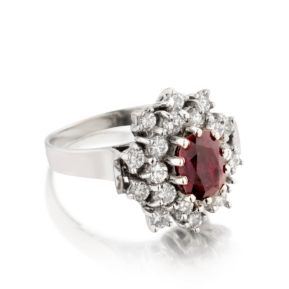 18kt White Gold Ruby and Diamond Cluster Ring. 1.40 ct Ruby – Van Rijk