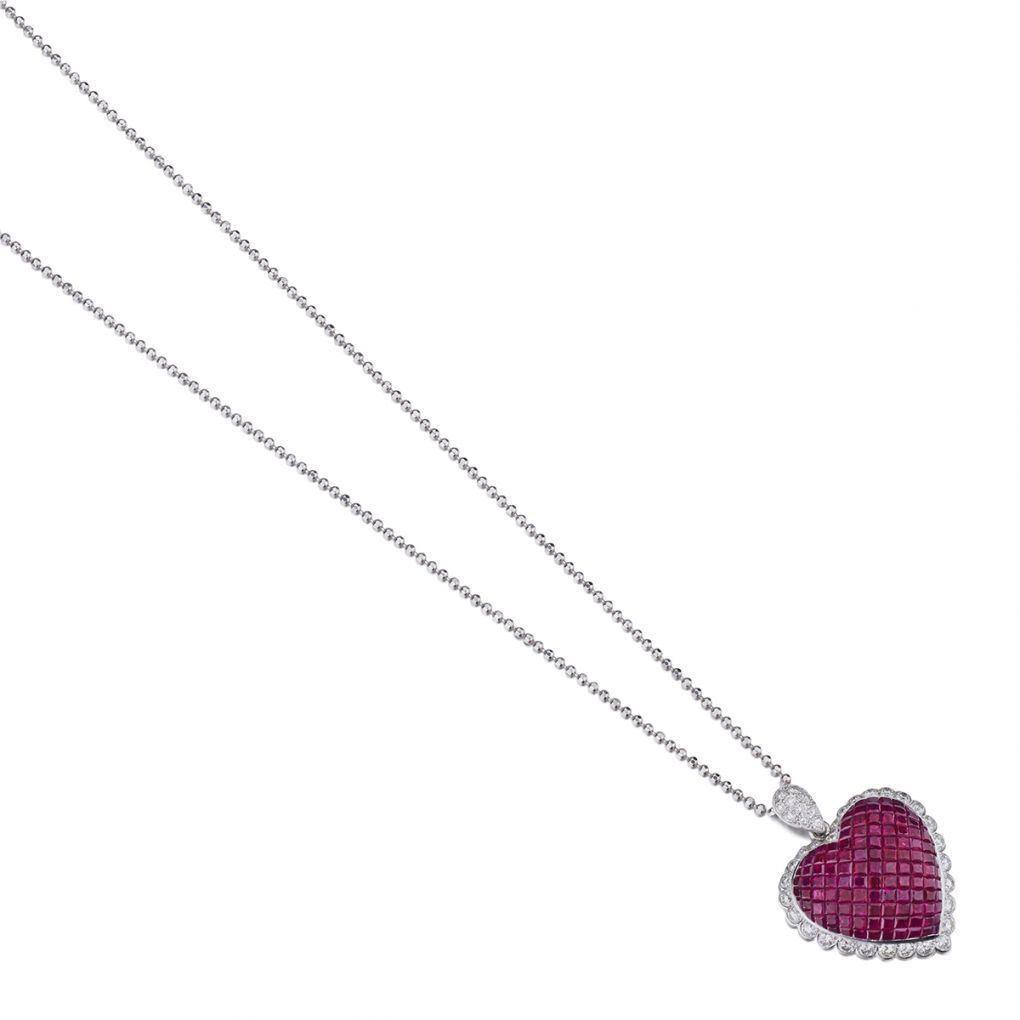 Invisibly-Set Ruby And Diamond Heart-Shaped Pendant Necklace – Van Rijk