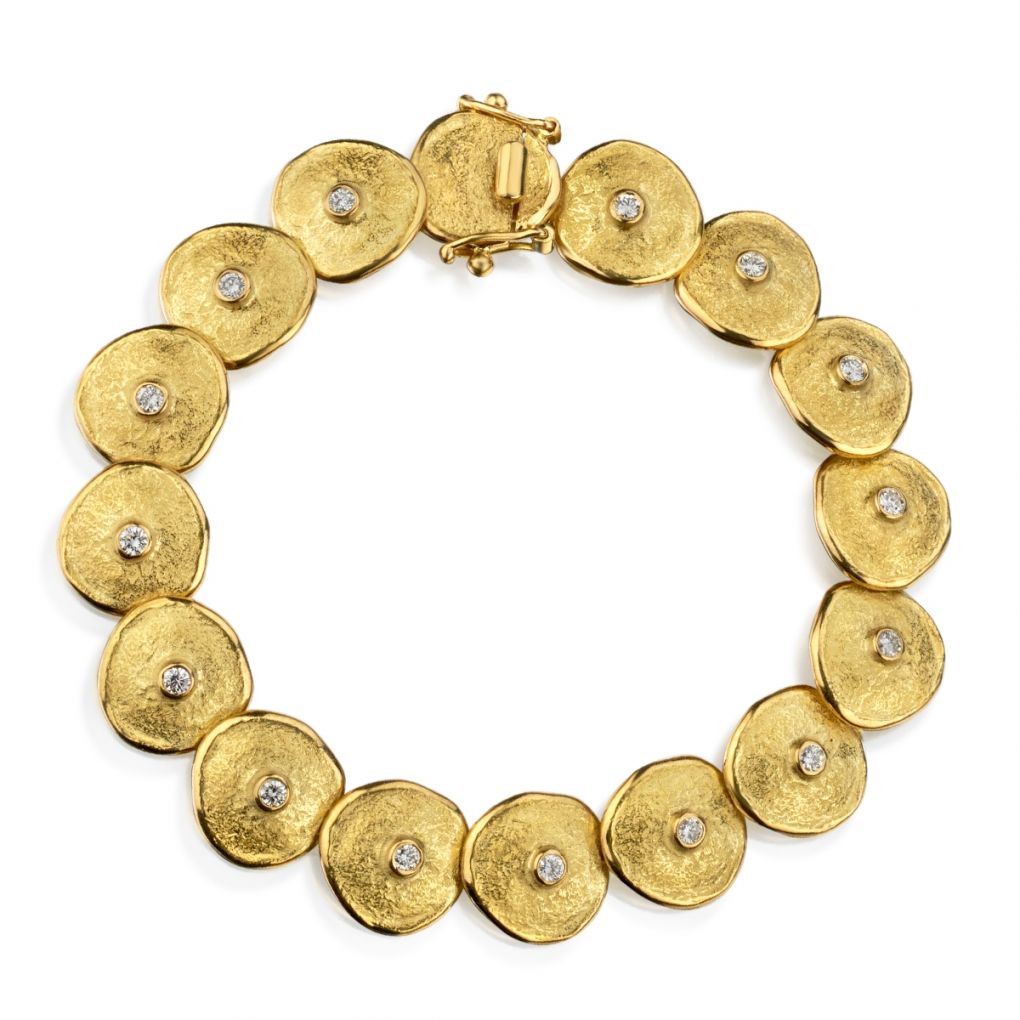 Yellow Gold Round Textured Pad Link And Bezel-Set Diamond Bracelet ...