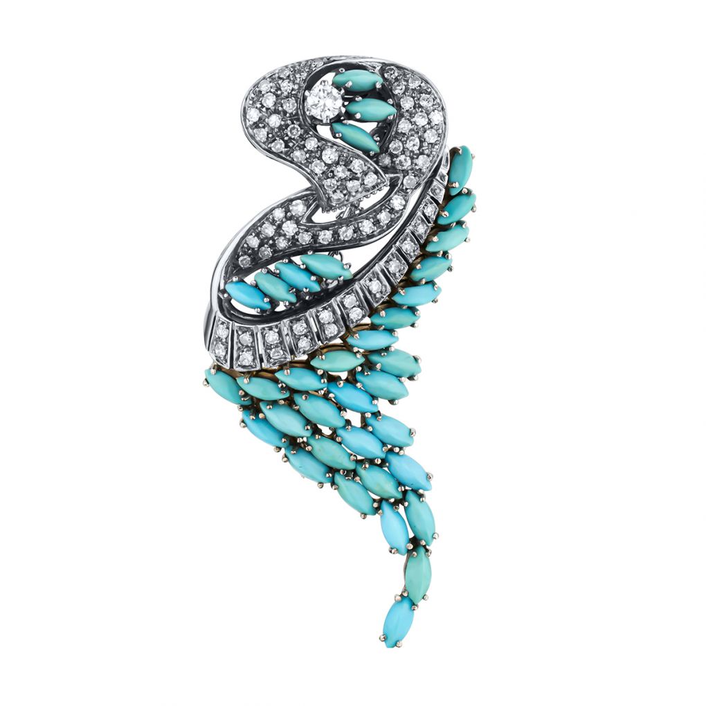 Beautiful Torquise and Diamond Vintage Brooch. 18kt W/G – Van Rijk