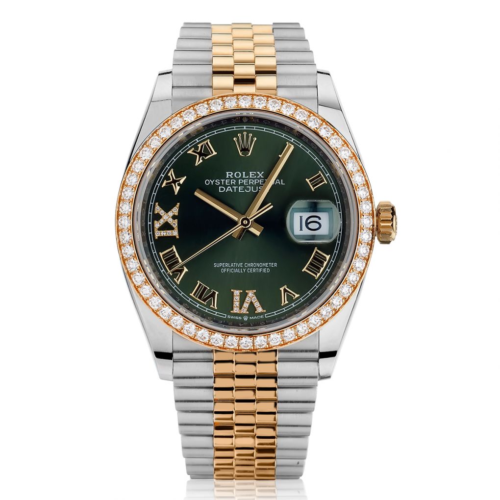 Gents two tone Rolex Olive Green diamond dial and diamond bezel – Van Rijk