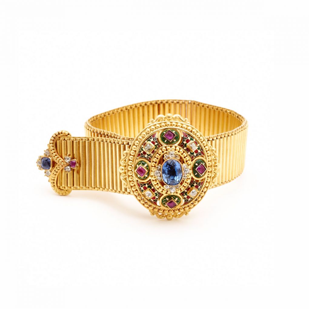 Victorian Slider 18kt Yellow Gold Sapphire, Diamond, Ruby & Emerald Br ...