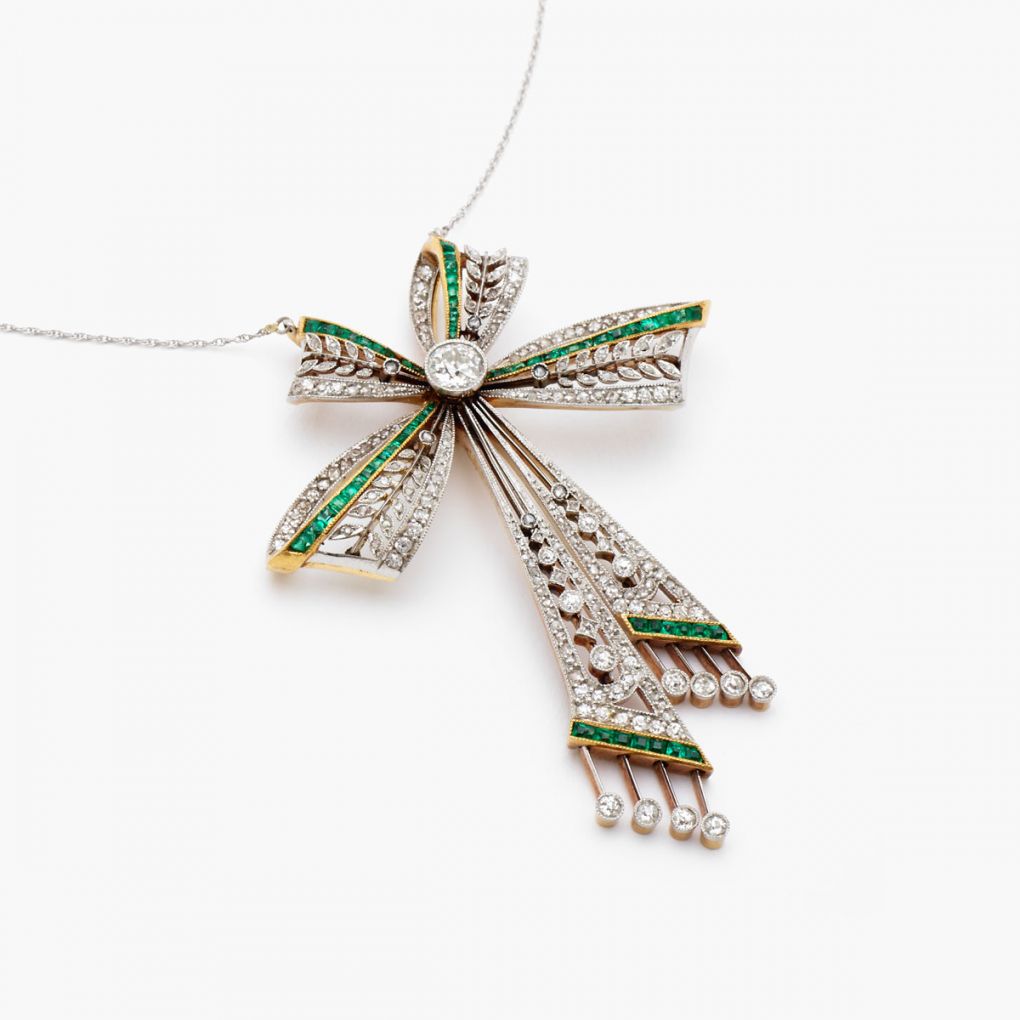 Edwardian Old-Cut Diamond & Green Emerald Bow Pendant | Van Rijk Estate ...