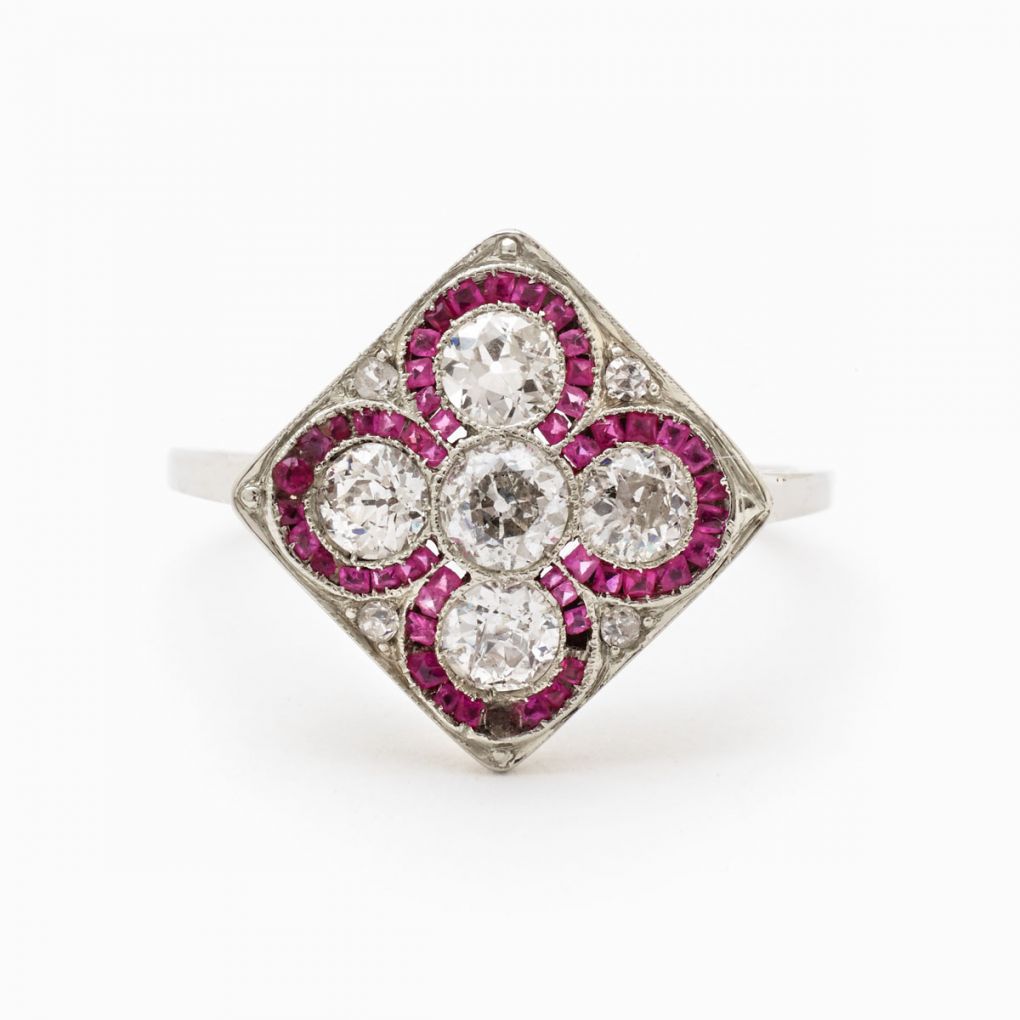 Vintage Old European Cut Diamond & Ruby Cluster Ring – Van Rijk