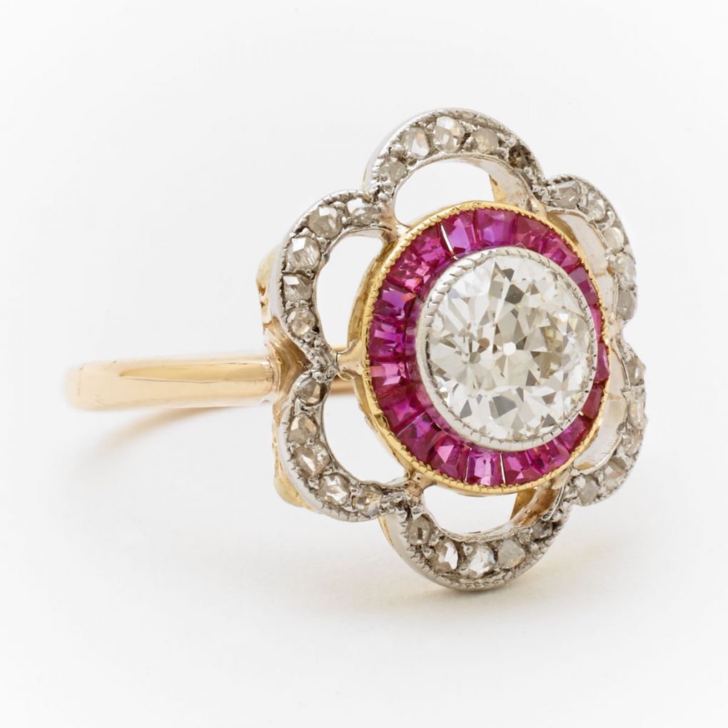 Vintage Edwardian European Cut Diamond & Ruby Flower Ring – Van Rijk