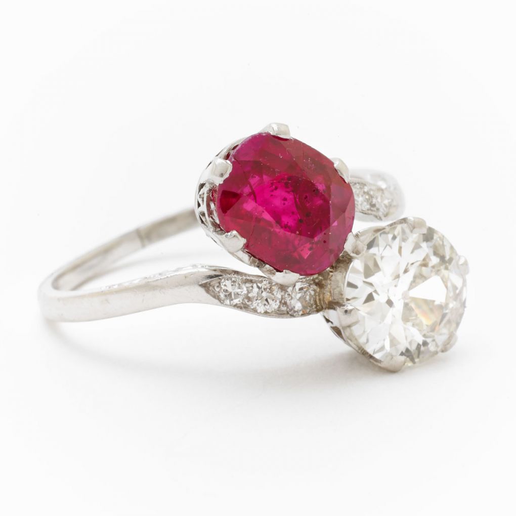 Vintage European Cut Diamond & Burma Ruby Cross Over Ring – Van Rijk