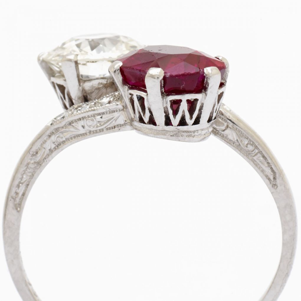 Vintage European Cut Diamond & Burma Ruby Cross Over Ring – Van Rijk